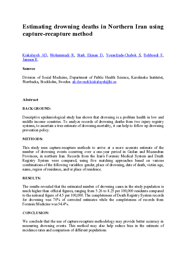 (PDF) Estimating drowning deaths in Northern Iran using capture–recapture method