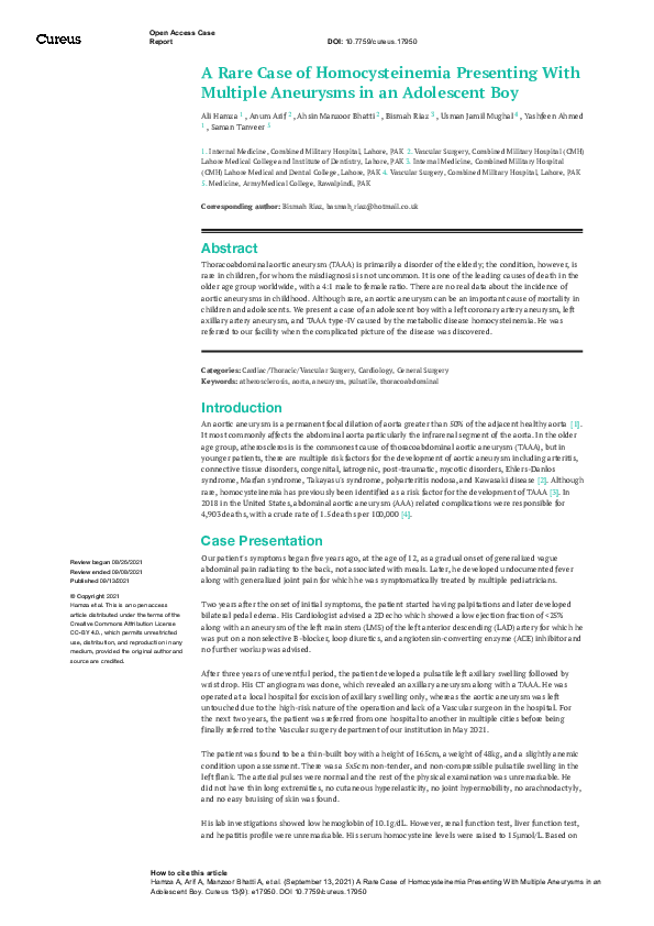 (PDF) A Rare Case of Homocysteinemia Presenting With Multiple Aneurysms ...