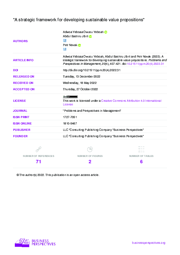 (PDF) A strategic framework for developing sustainable value propositions