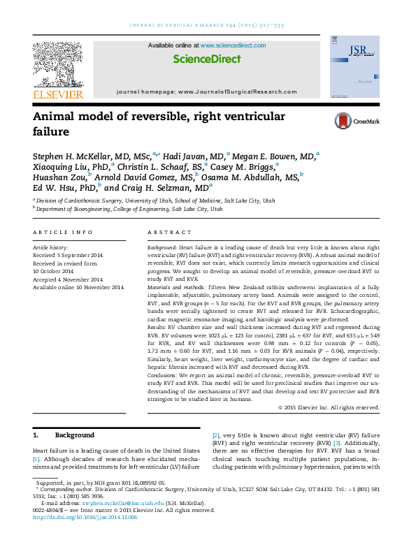 (PDF) Animal model of reversible, right ventricular failure