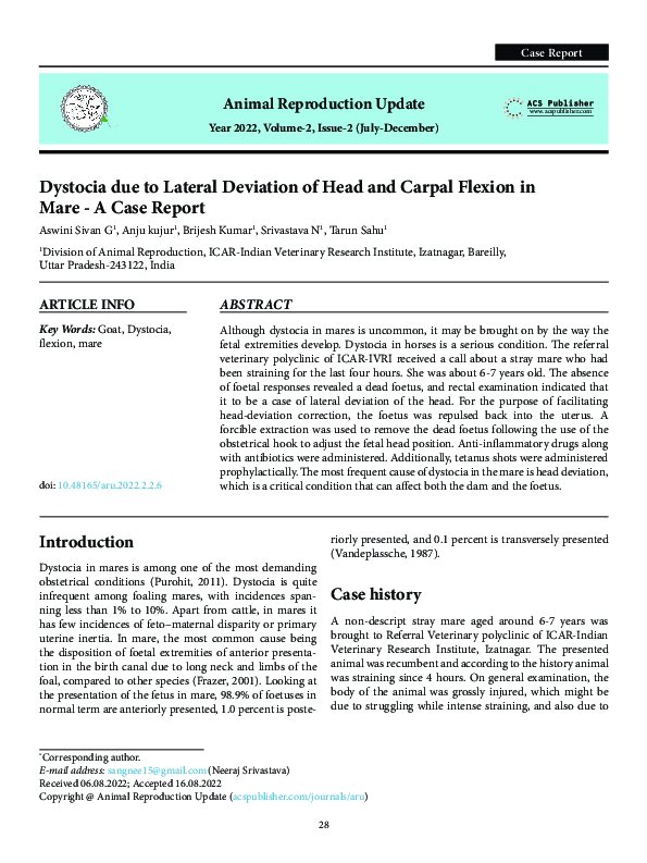 (PDF) Dystocia due to lateral deviation of head and carpal flexion in mare - a case report