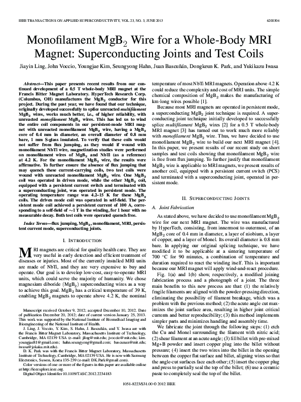 (PDF) Monofilament $\hbox{MgB}_{2}$ Wire for a Whole-Body MRI Magnet ...