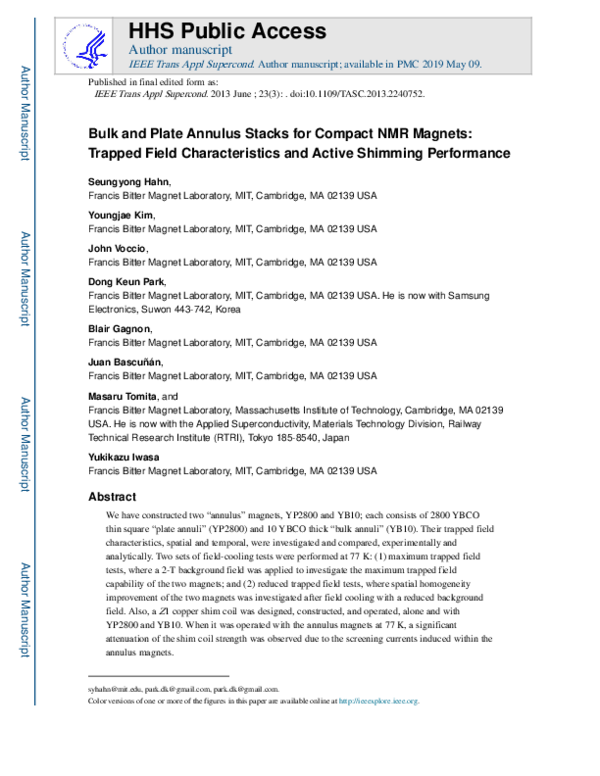 (PDF) Bulk and Plate Annulus Stacks for Compact NMR Magnets: Trapped ...