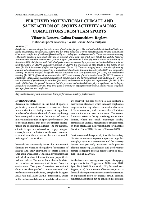 (PDF) Perceived Motivational Climate and Satisfaction of Sports ...