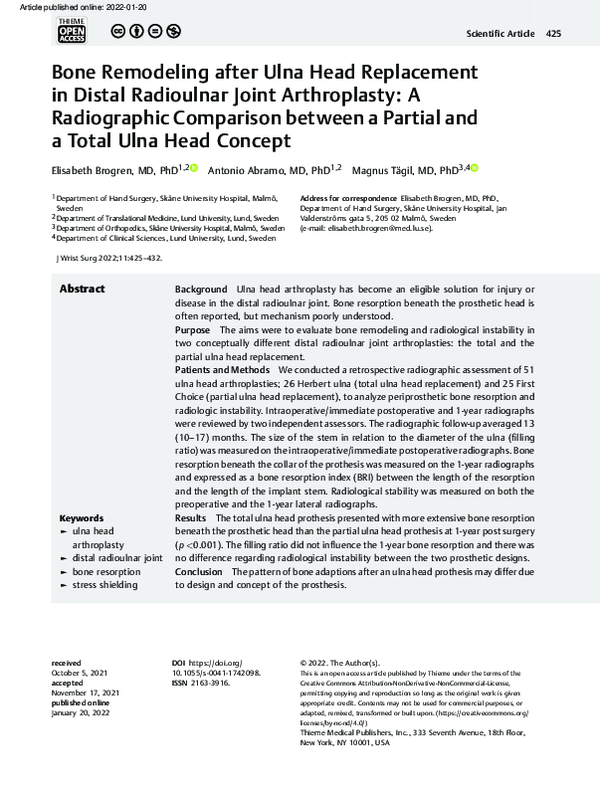 (PDF) Bone Remodeling after Ulna Head Replacement in Distal Radioulnar ...