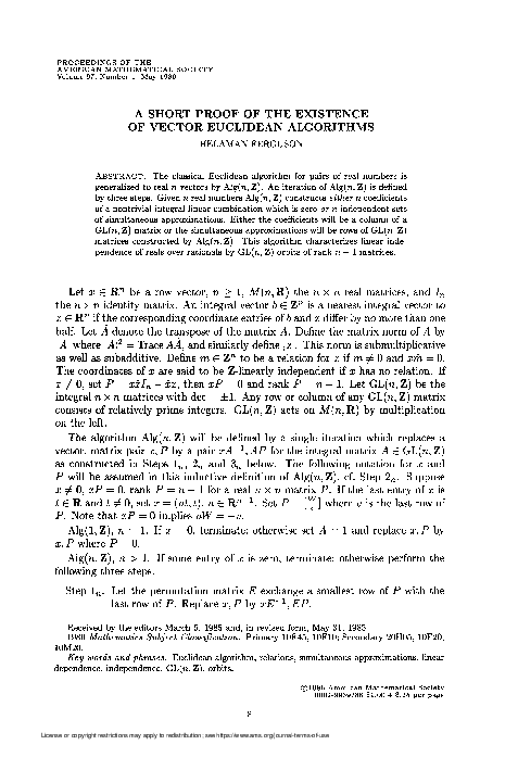 (PDF) A short proof of the existence of vector Euclidean algorithms