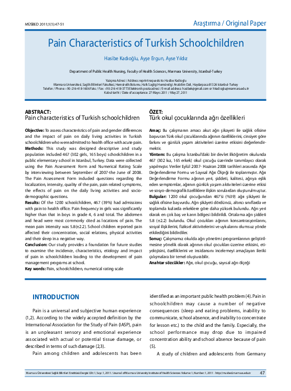 (PDF) Pain Characteristics of Turkish Schoolchildren