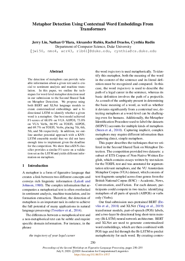 Pdf Metaphor Detection Using Contextual Word Embeddings From Transformers 4160