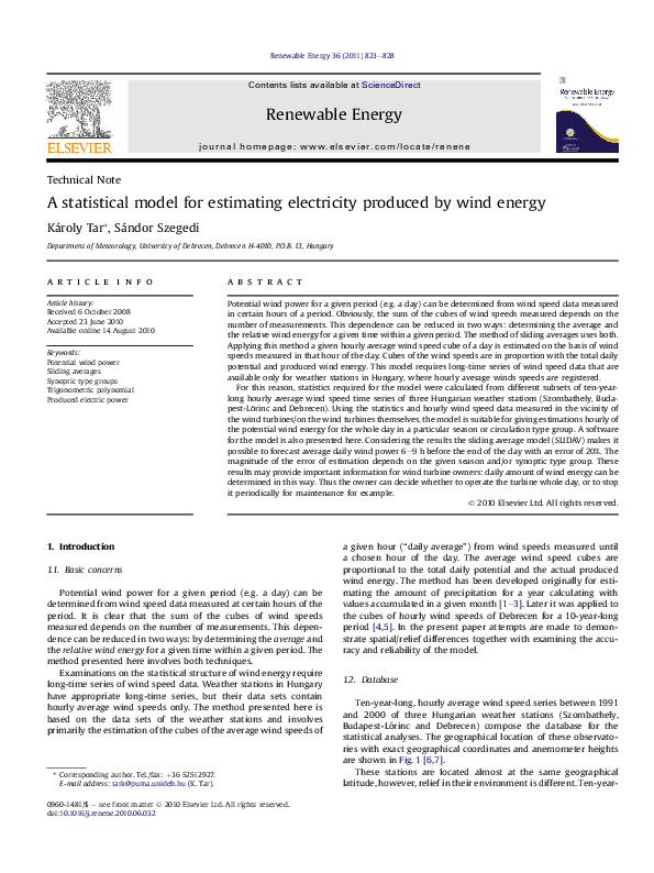 (PDF) A statistical model for estimating electricity produced by wind ...