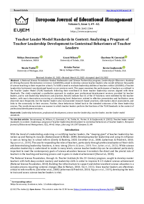 (PDF) Teacher Leader Model Standards in Context: Analyzing a Program of Teacher Leadership ...