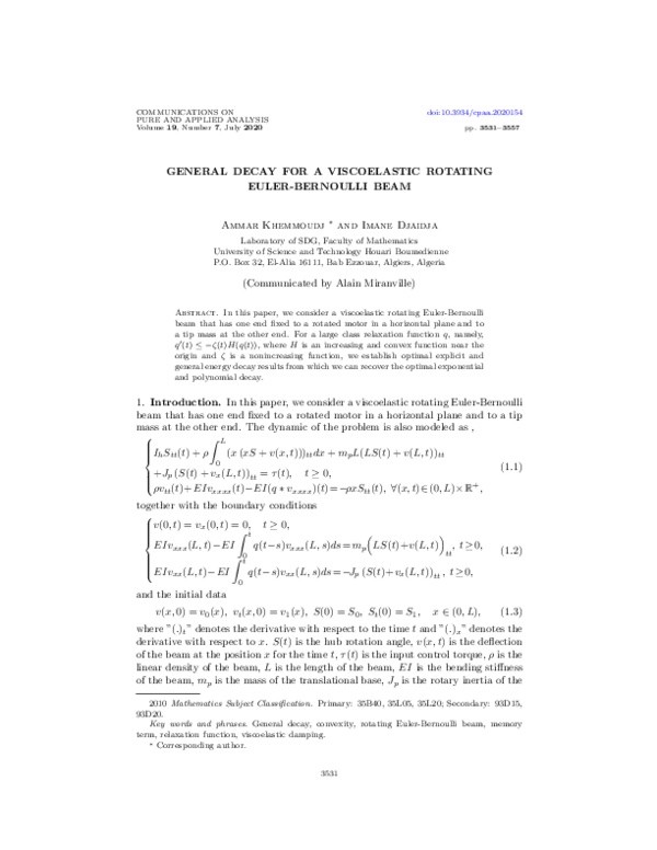 (PDF) General decay for a viscoelastic rotating Euler-Bernoulli beam | Imane Djaidja - Academia.edu