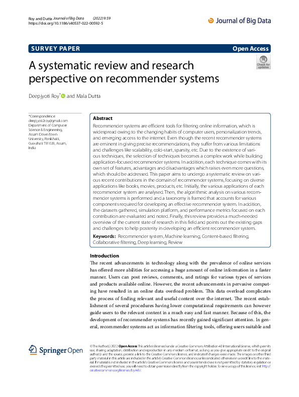 (PDF) A systematic review and research perspective on recommender systems