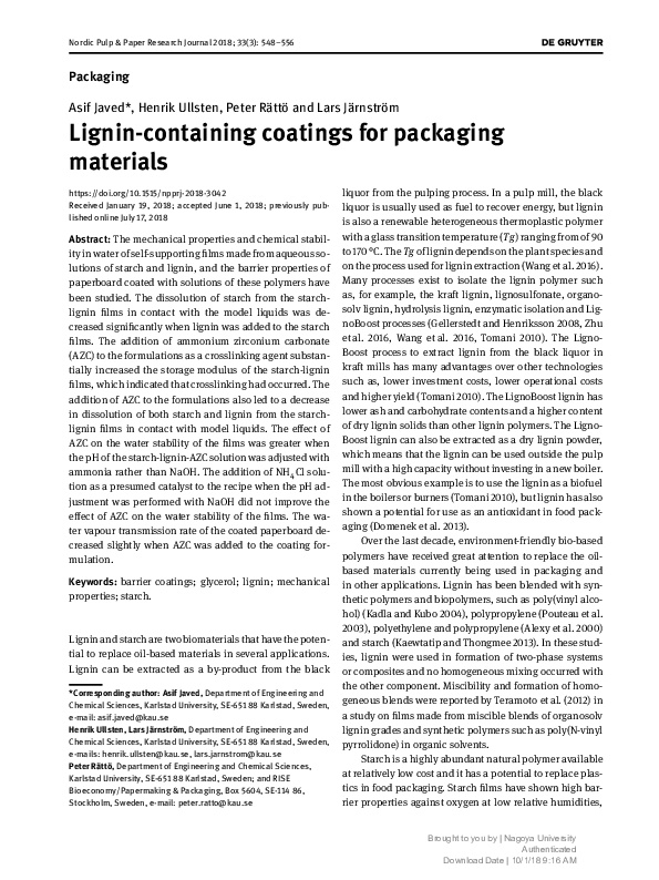 (PDF) Lignin-containing coatings for packaging materials