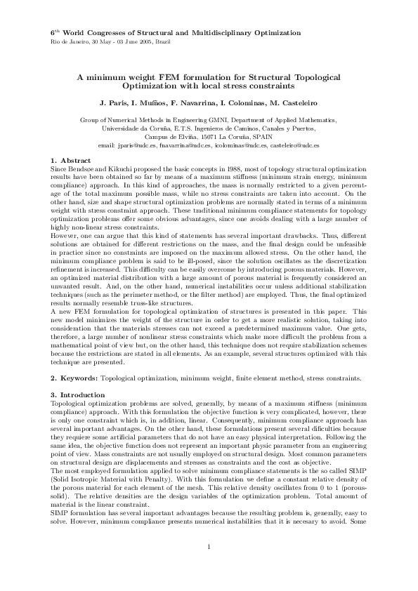 (PDF) A minimum weight FEM formulation for Structural Topological Optimization with local stress ...