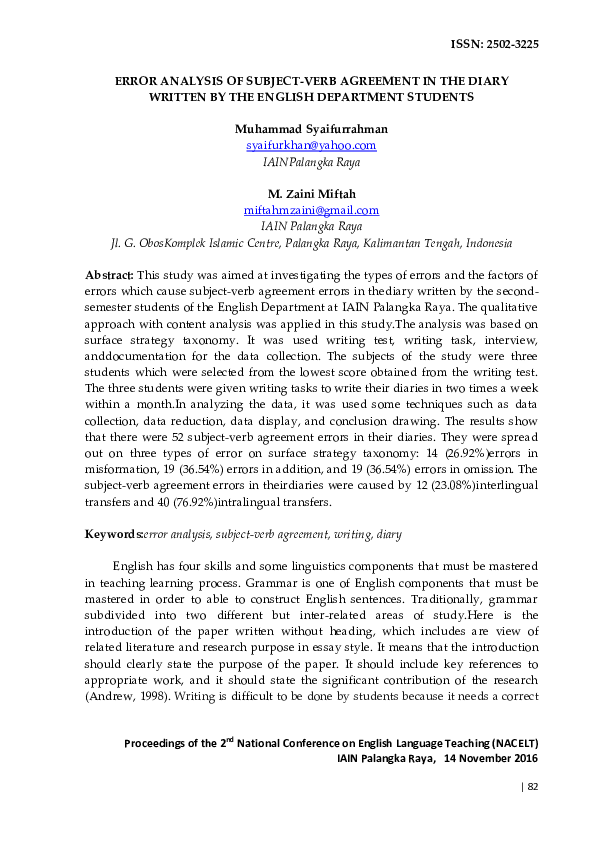 (PDF) Error analysis of subject-verb agreement in the diary written by ...