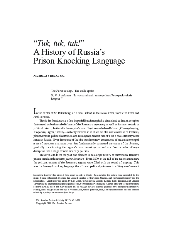 (PDF) "Tuk, tuk, tuk!": A History of Russia's Prison Knocking Language