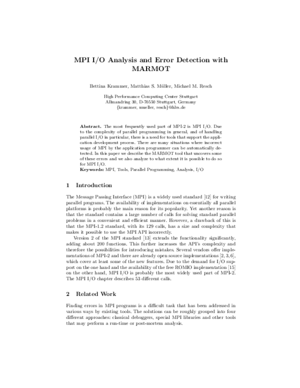 (PDF) MPI I/O Analysis and Error Detection with MARMOT