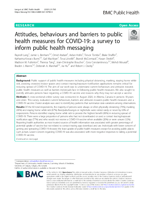 (PDF) Attitudes, behaviours and barriers to public health measures for COVID-19: a survey to ...