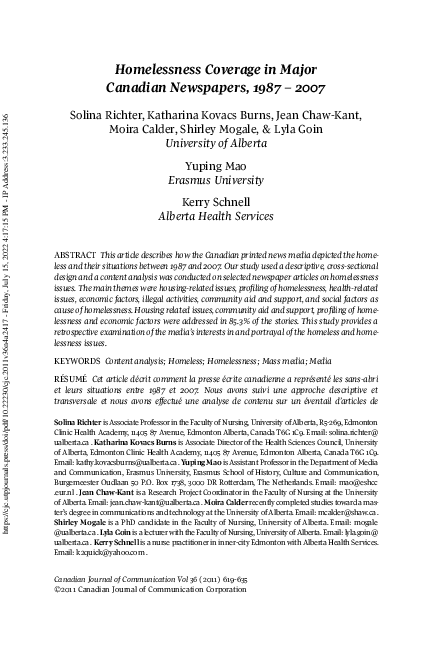 (PDF) Homelessness Coverage in Major Canadian Newspapers, 1987 – 2007
