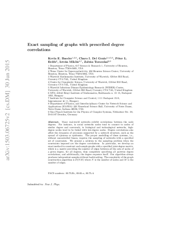 (PDF) Exact sampling of graphs with prescribed degree correlations | Kevin Bassler - Academia.edu