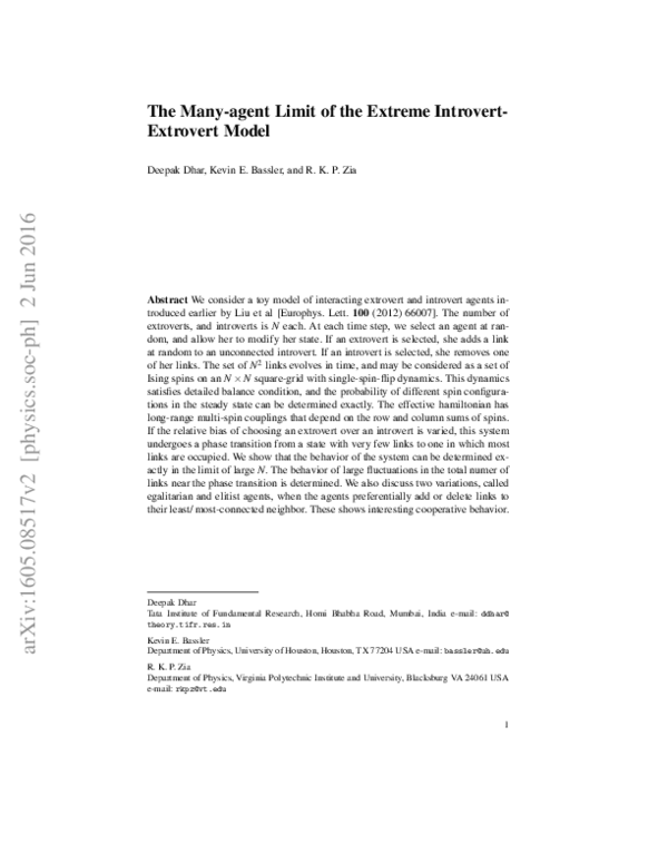 (PDF) The Many-Agent Limit of the Extreme Introvert-Extrovert Model
