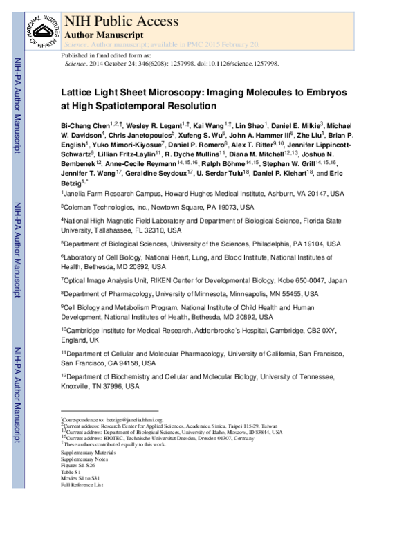 (PDF) Lattice light-sheet microscopy: imaging molecules to embryos at ...