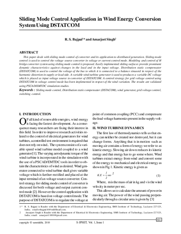(PDF) Sliding Mode Control Application in Wind Energy Conversion System Using DSTATCOM