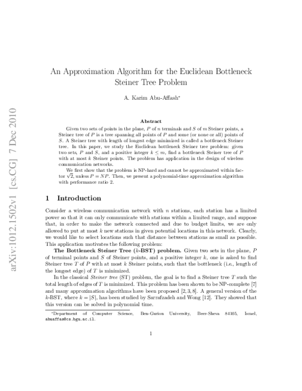 (PDF) An Approximation Algorithm for the Euclidean Bottleneck Steiner Tree Problem
