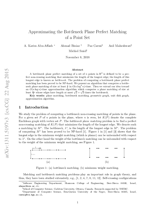 (PDF) Approximating the bottleneck plane perfect matching of a point set