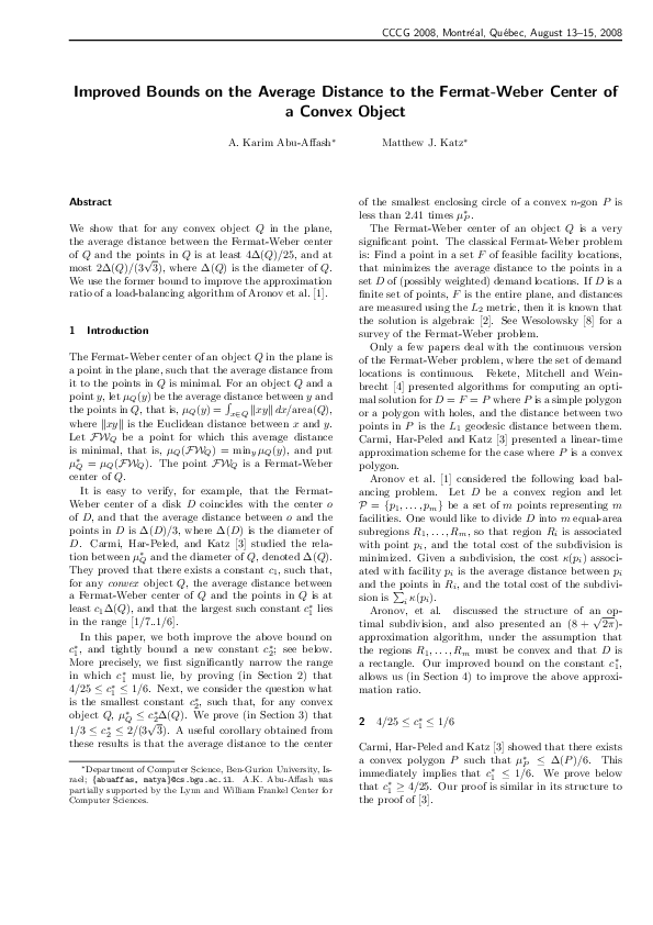(PDF) Improved bounds on the average distance to the Fermat–Weber center of a convex object