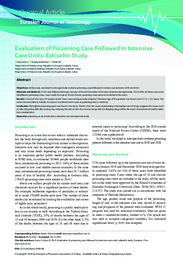 (PDF) Evaluation of Poisoning Case Followed in Intensive Care Units ...