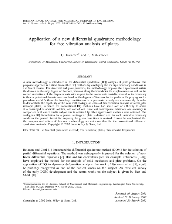 Pdf Application Of A New Differential Quadrature Methodology For Free Vibration Analysis Of Plates