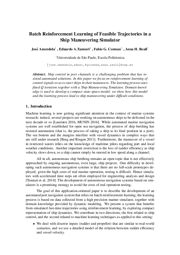 Pdf Batch Reinforcement Learning Of Feasible Trajectories In A Ship Maneuvering Simulator 