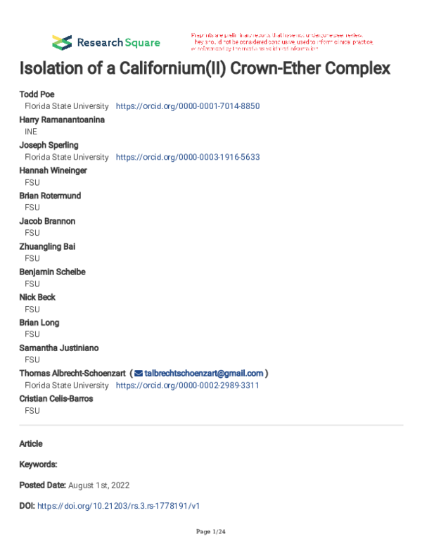 (PDF) Isolation of a Californium(II) Crown-Ether Complex