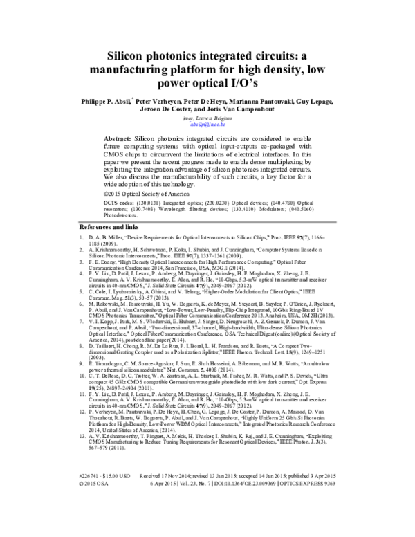 (PDF) Silicon photonics integrated circuits: a manufacturing platform for high density, low ...