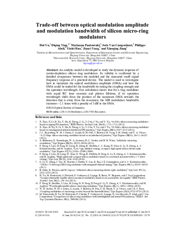 (PDF) Trade-off between optical modulation amplitude and modulation bandwidth of silicon micro ...