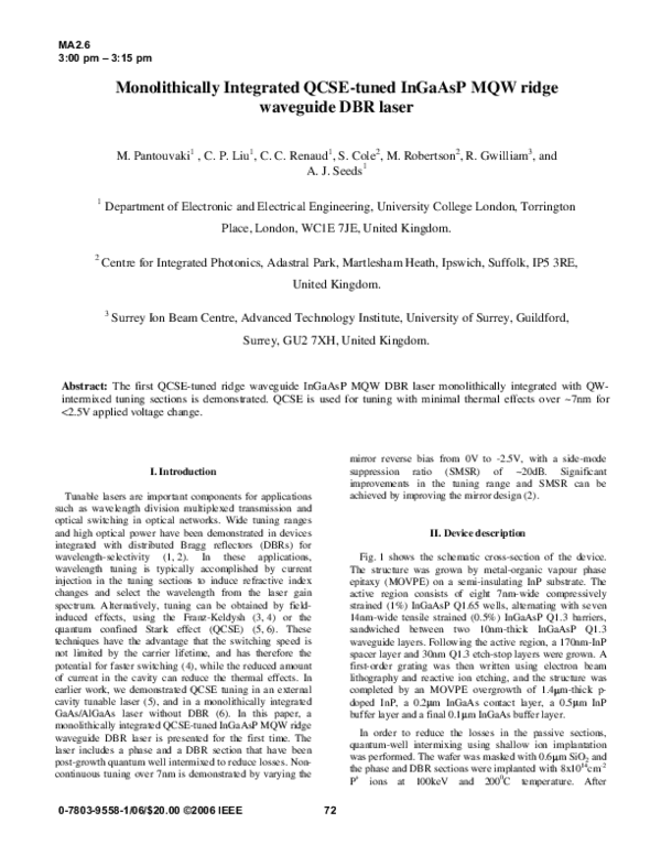 (PDF) Monolithically Integrated QCSE-tuned InGaAsP MQW Ridge Waveguide DBR Laser | Marianna ...