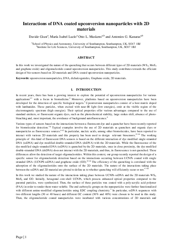 (PDF) Interactions of DNA coated upconversion nanoparticles with 2D materials | Davide Giust ...