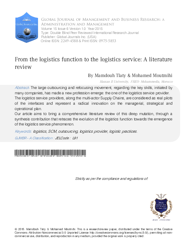 (PDF) From the Logistics Function to the Logistics Service: A ...