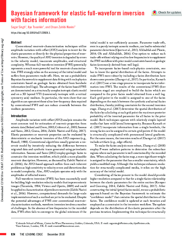 (PDF) Bayesian framework for elastic full-waveform inversion with facies information