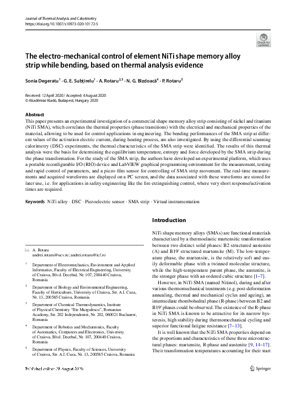 (PDF) The electro-mechanical control of element NiTi shape memory alloy strip while bending ...