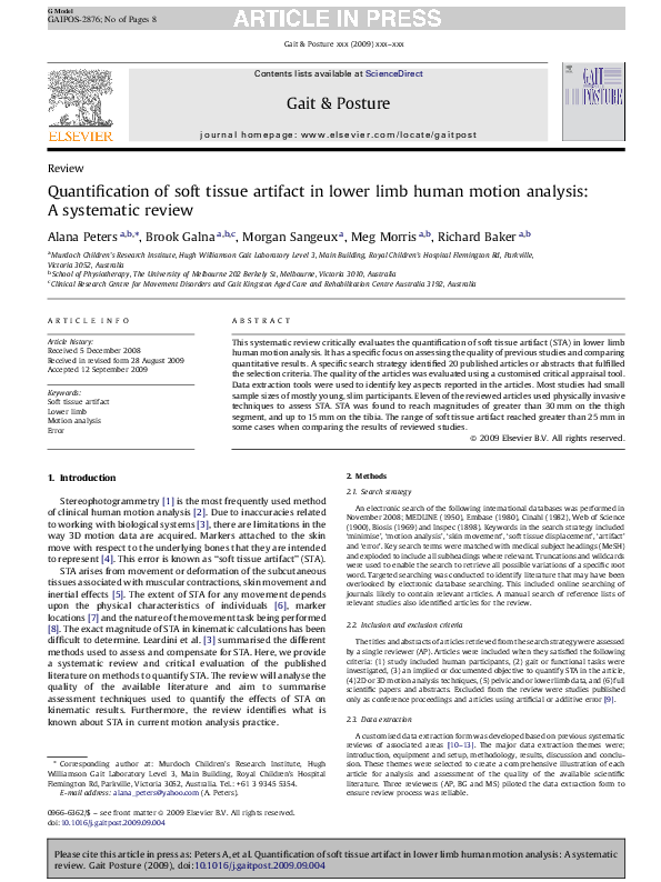 Pdf Quantification Of Soft Tissue Artifact In Lower Limb Human Motion Analysis A Systematic