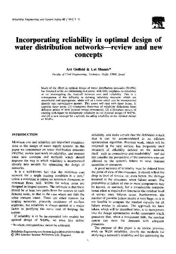 (PDF) Incorporating reliability in optimal design of water distribution networks—review and new ...