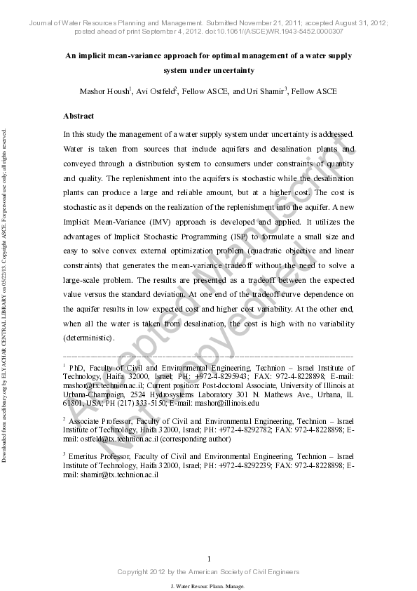 (PDF) Implicit Mean-Variance Approach for Optimal Management of a Water ...