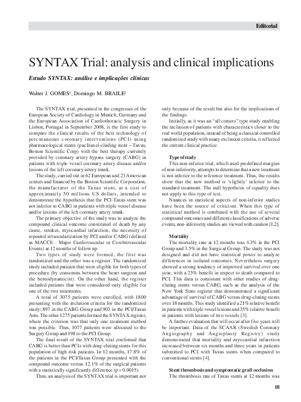 (PDF) Estudo SYNTAX: análise e implicações clínicas