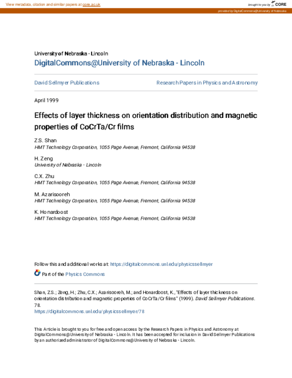 (PDF) Effects of layer thickness on orientation distribution and magnetic properties of CoCrTa ...