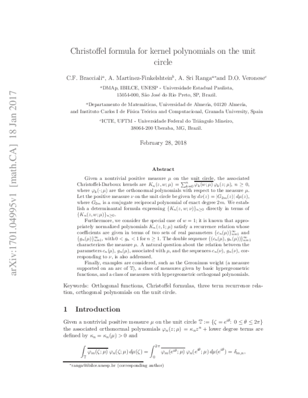 (PDF) Christoffel formula for kernel polynomials on the unit circle