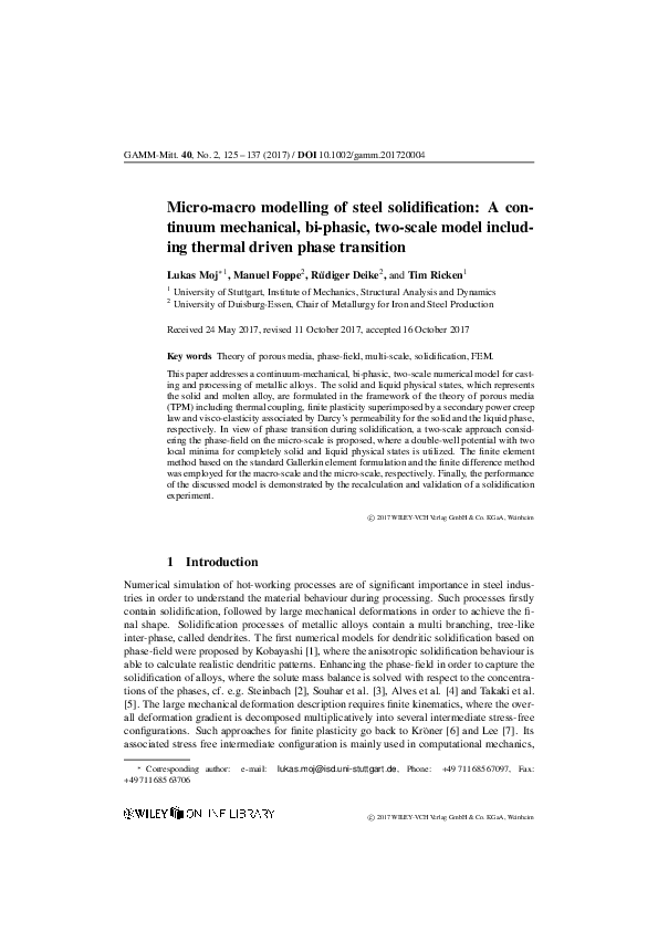 (PDF) Micro-macro modelling of steel solidification: A continuum mechanical, bi-phasic, two ...