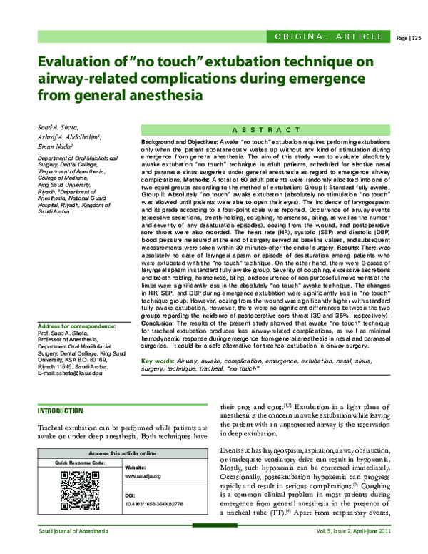 (PDF) Evaluation of "no touch" extubation technique on airway-related ...