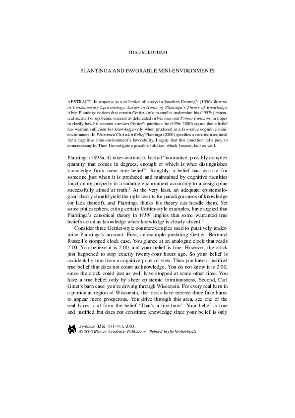 (PDF) Plantinga and Favorable Mini-Environments